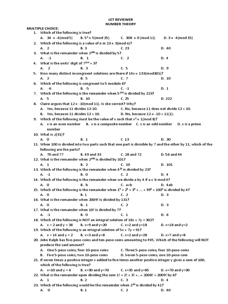 Math Let Reviewer 39 Number Theory | Download Free PDF | Number Theory | Mathematics