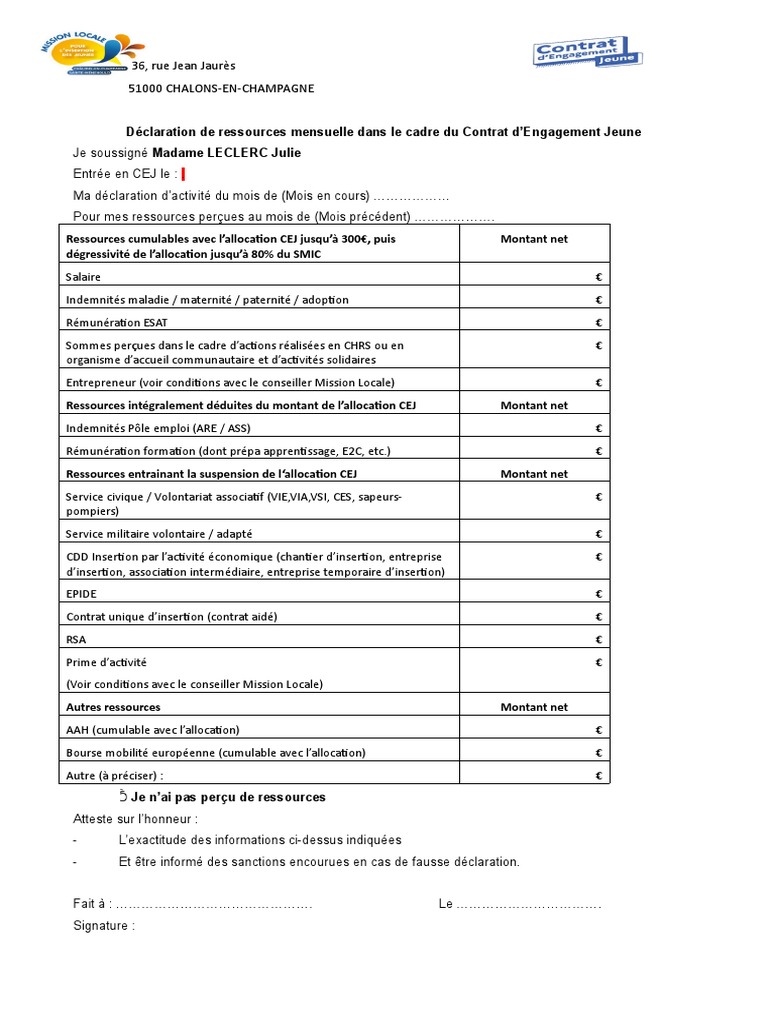 CEJ Declaration Activite Mensuelle LECLERC Julie 2022-12-29 | PDF | Business | Travail