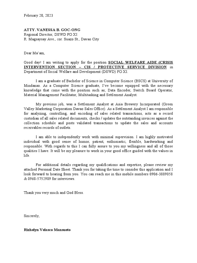 Application for Social Welfare Aide Position | PDF | Business