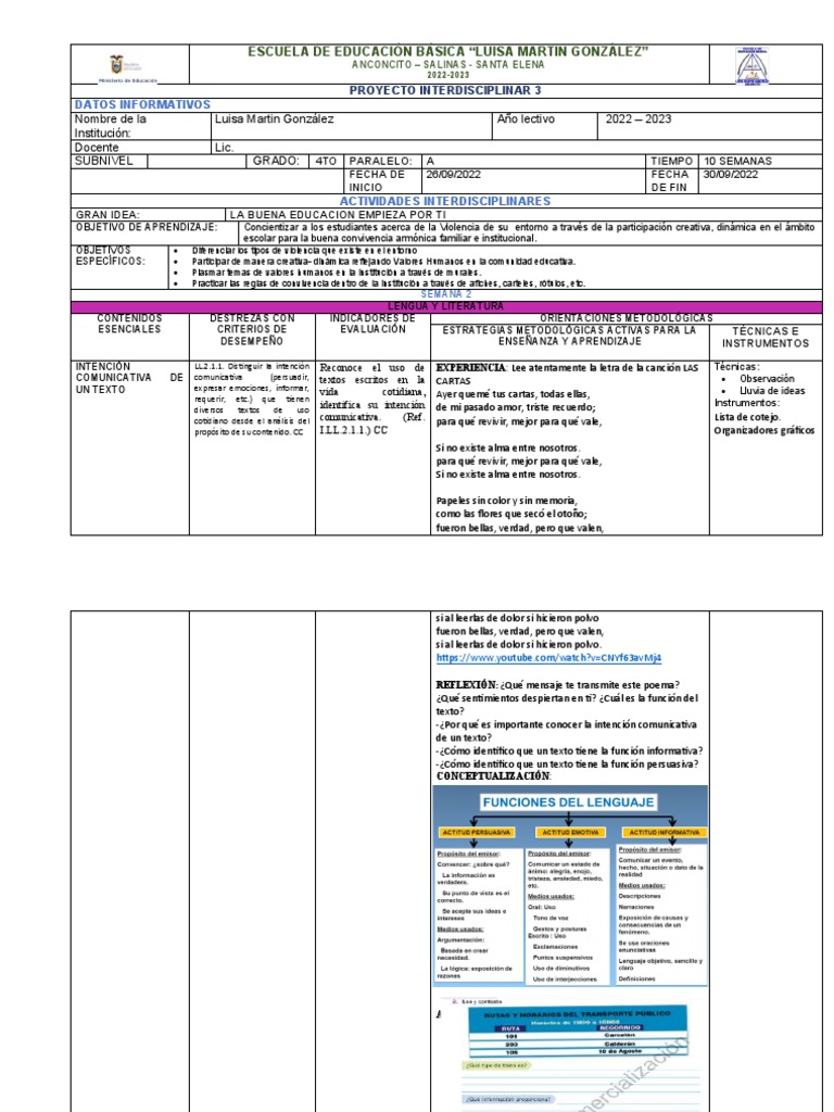 4to Egb Sem 2 Planif Microcurricular Proyecto Interdisciplinar #1 Del 2do Q | PDF | Dibujo ...