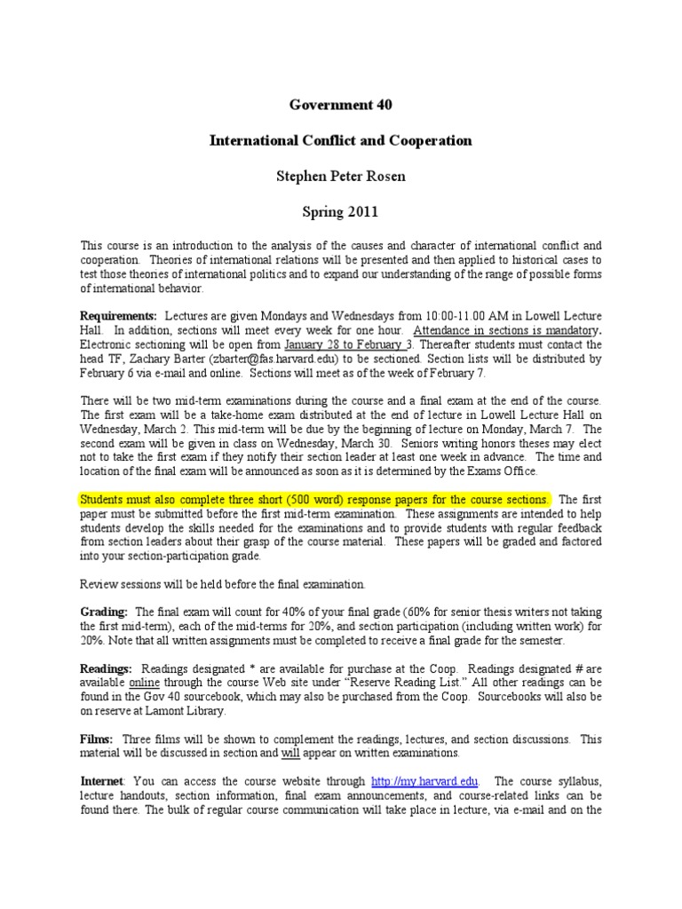 Syllabus - Government 40 - International Conflict and Cooperation | PDF ...