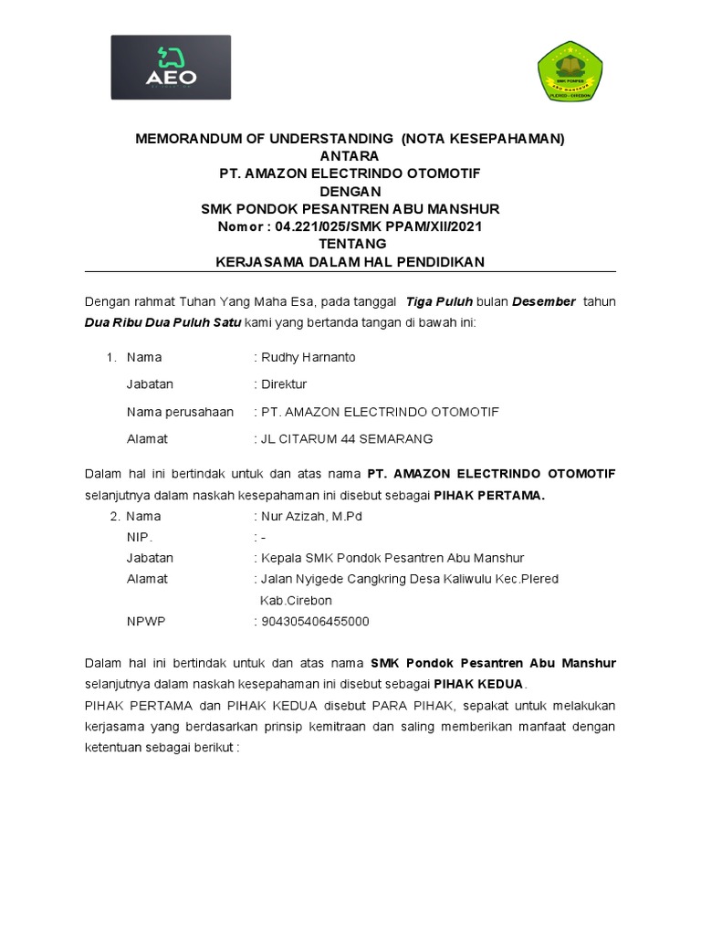 MoU PT. AEO (DUDIKA) | PDF