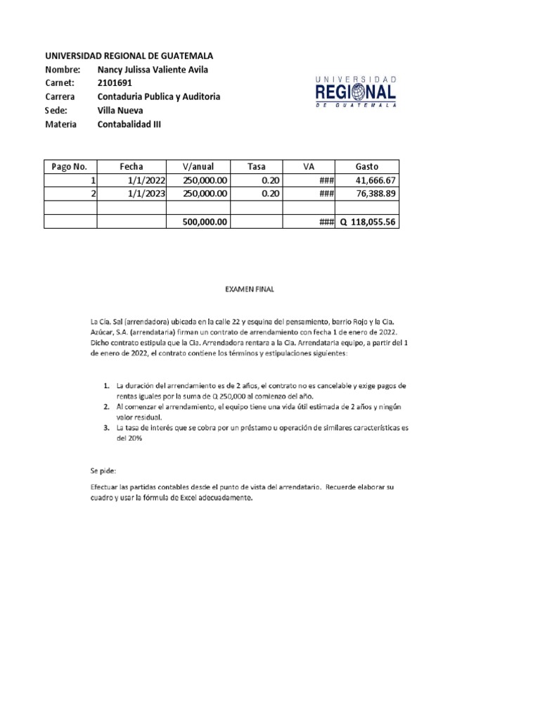 Examen Final Contabilidad III - Nancy Valiente | PDF | Contabilidad ...