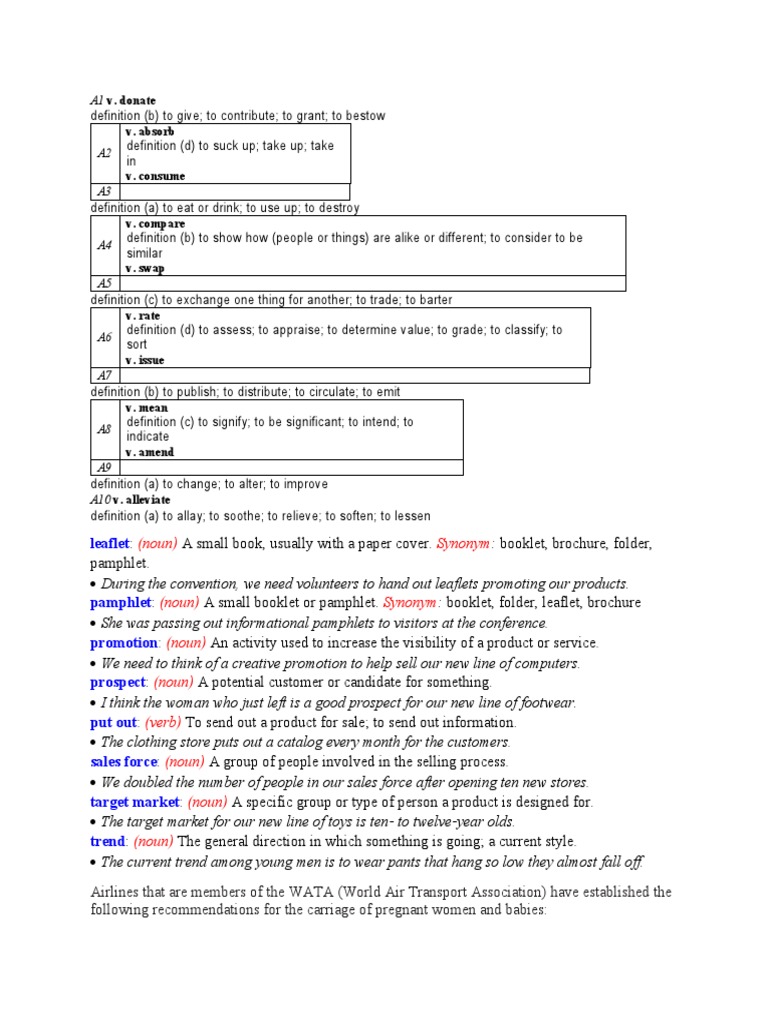 V. Absorb v. Consume v. Compare v. Swap v. Rate v. Issue v. Mean v ...