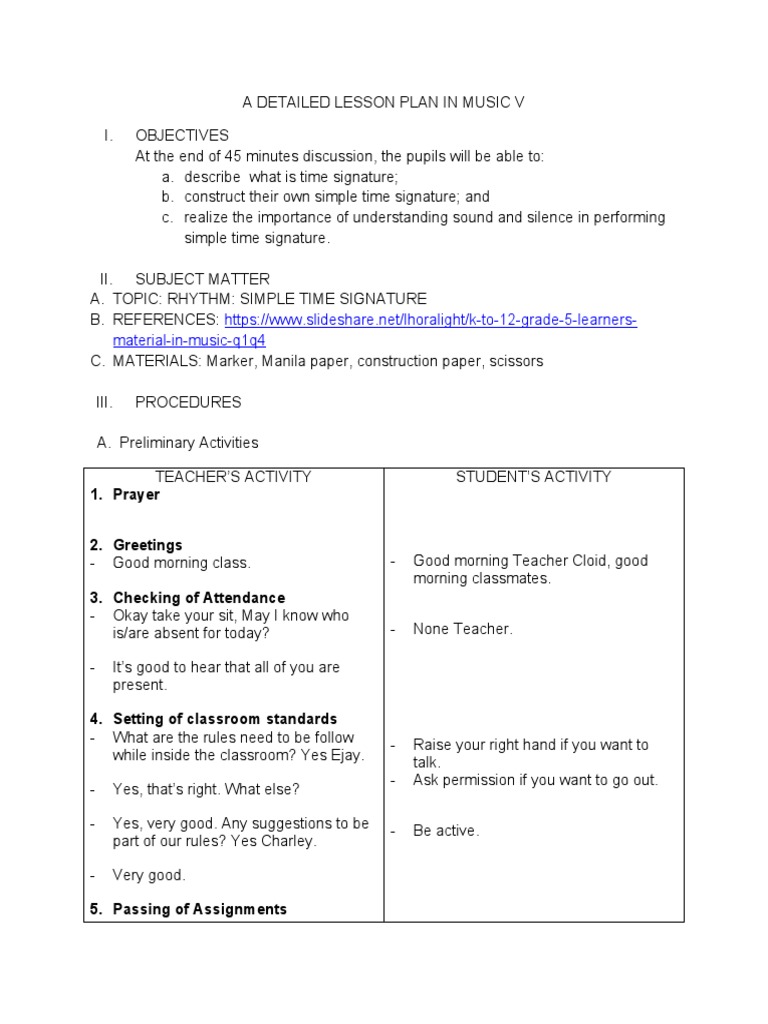 A Detailed Lesson Plan in Music V | PDF | Lesson Plan | Behavior ...