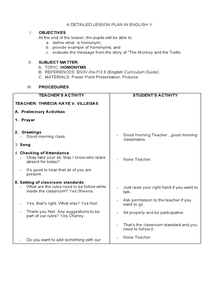 A Detailed Lesson Plan in English V | PDF | Teachers | Lesson Plan