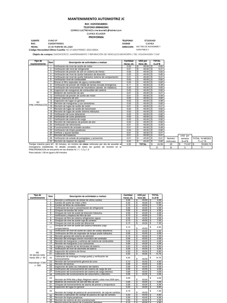 PROFORMA MANT. VEHICULOS KW, VW Y DAF-signed | PDF | Ingeniería ...
