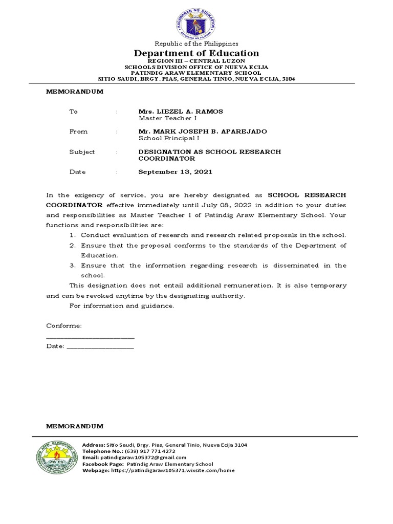 Memorandum Designation of Teachers 2021 | PDF | Philippines | Social Institutions
