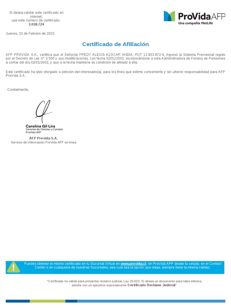 Certificado de Afiliación: Servicio de Información Provida Afp en Línea | PDF