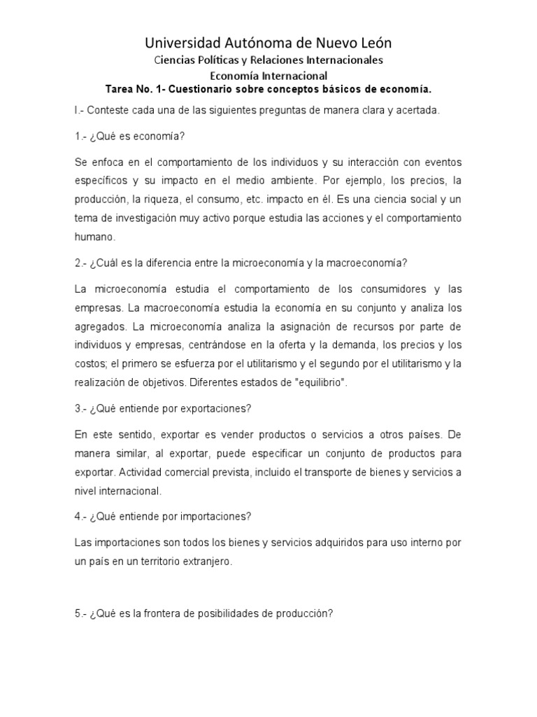 Tarea No 1-Cuestionario Conceptos Básicos de Economía | PDF | Mercado (economía) | Inflación