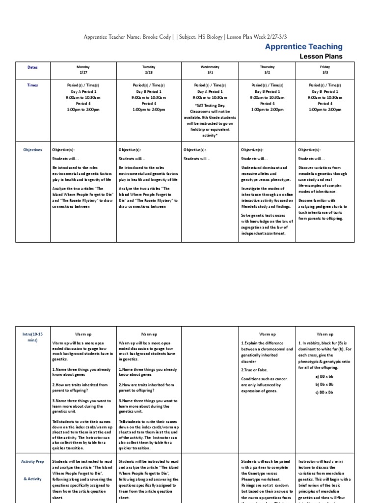Lessons Plans Week 2 27-3 3 BC | PDF | Dominance (Genetics) | Genotype
