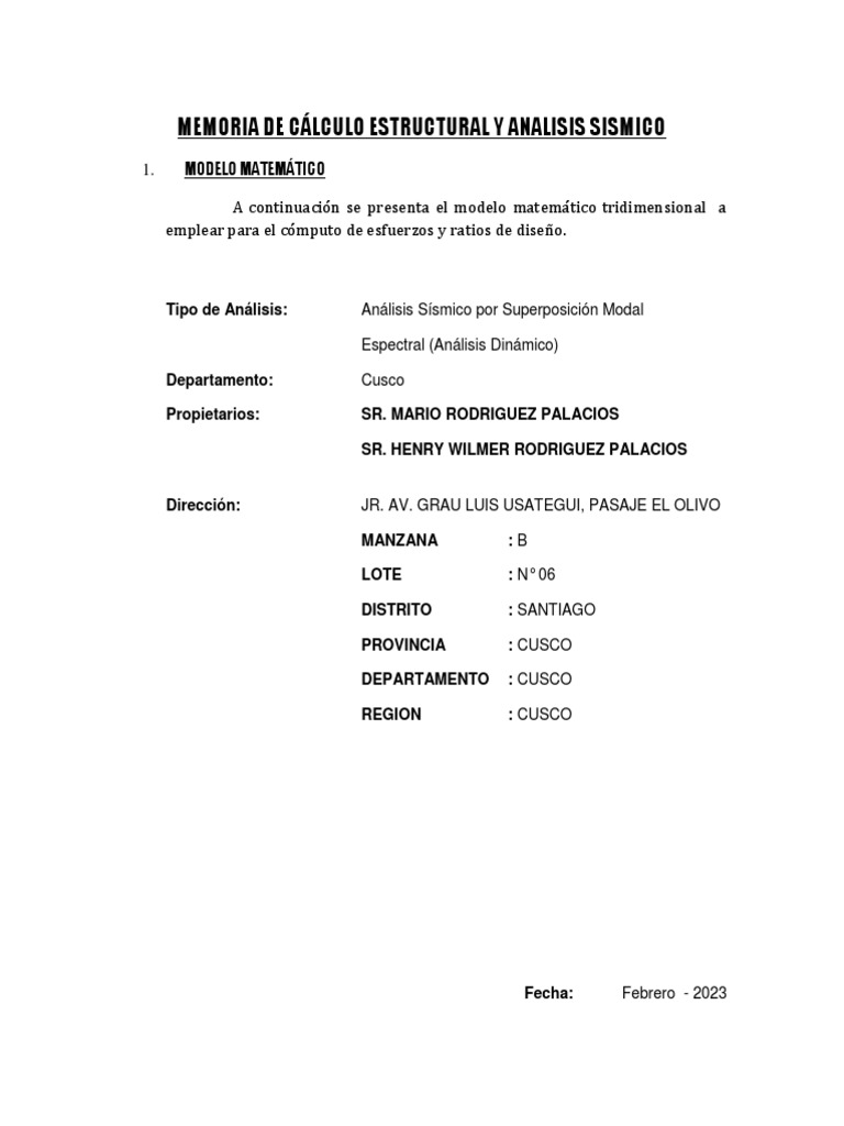 Memoria de Calculo Estructural Sr. Luis Usategui Los Olivos Santiago Cusco 2 | Descargar gratis ...