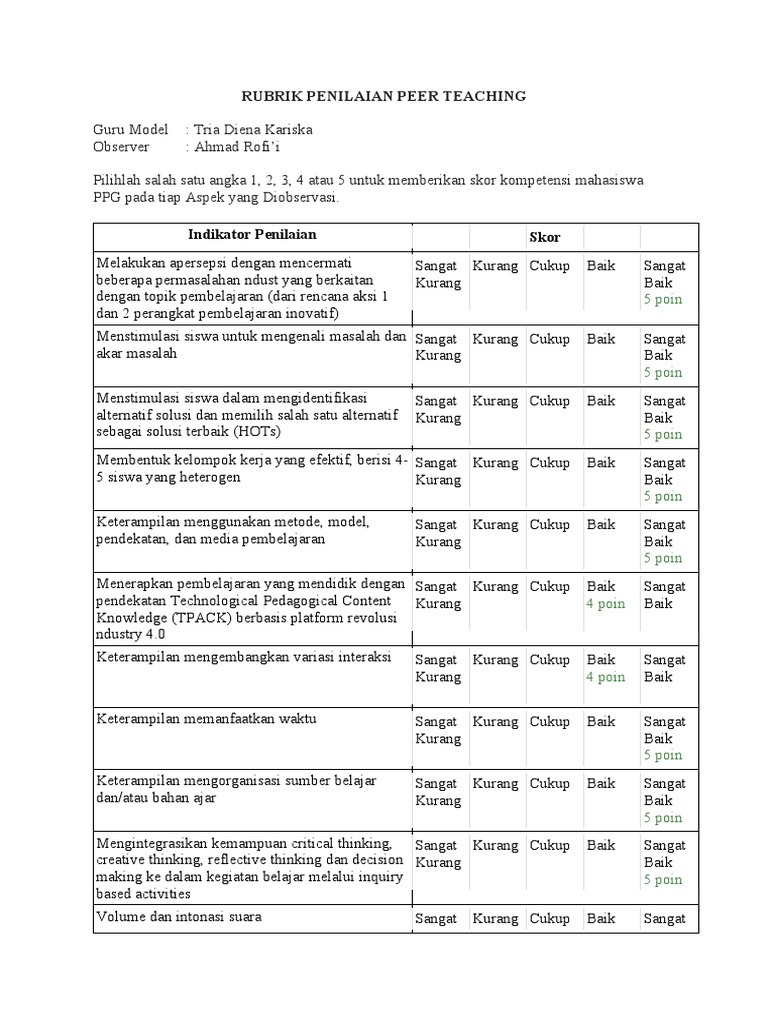 Rubrik Penilaian Peer Teaching | PDF | Karier & Perkembangan