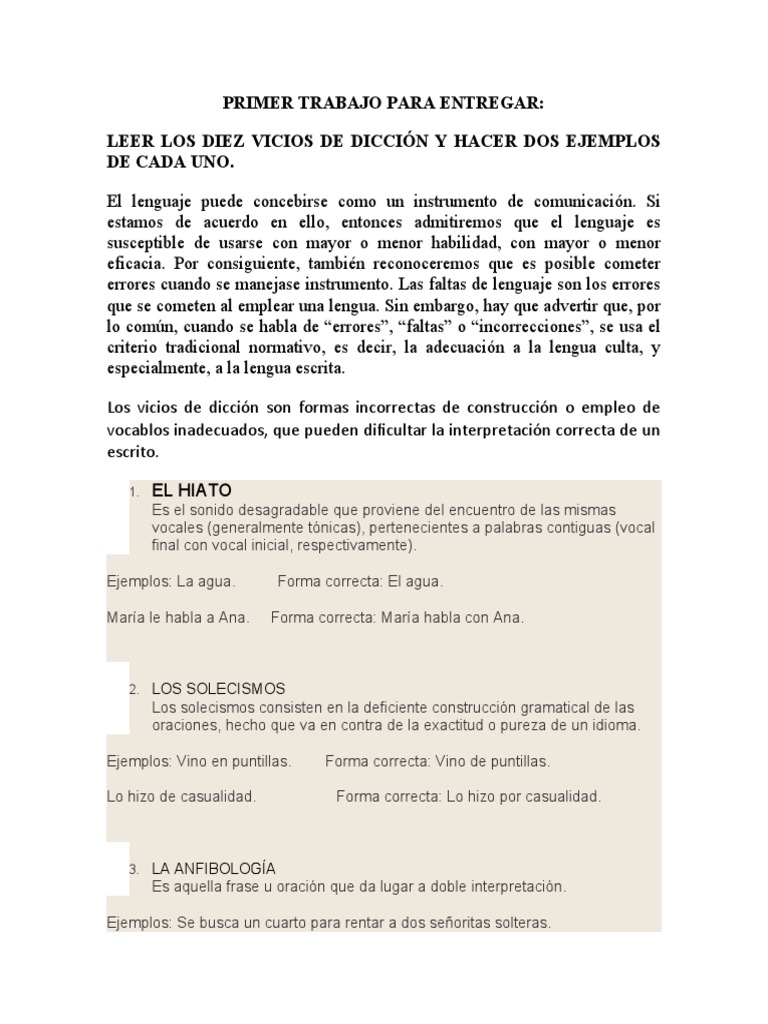 Primer Tarea - Vicios de Dicción | PDF | Ciencia cognitiva | Comunicación humana