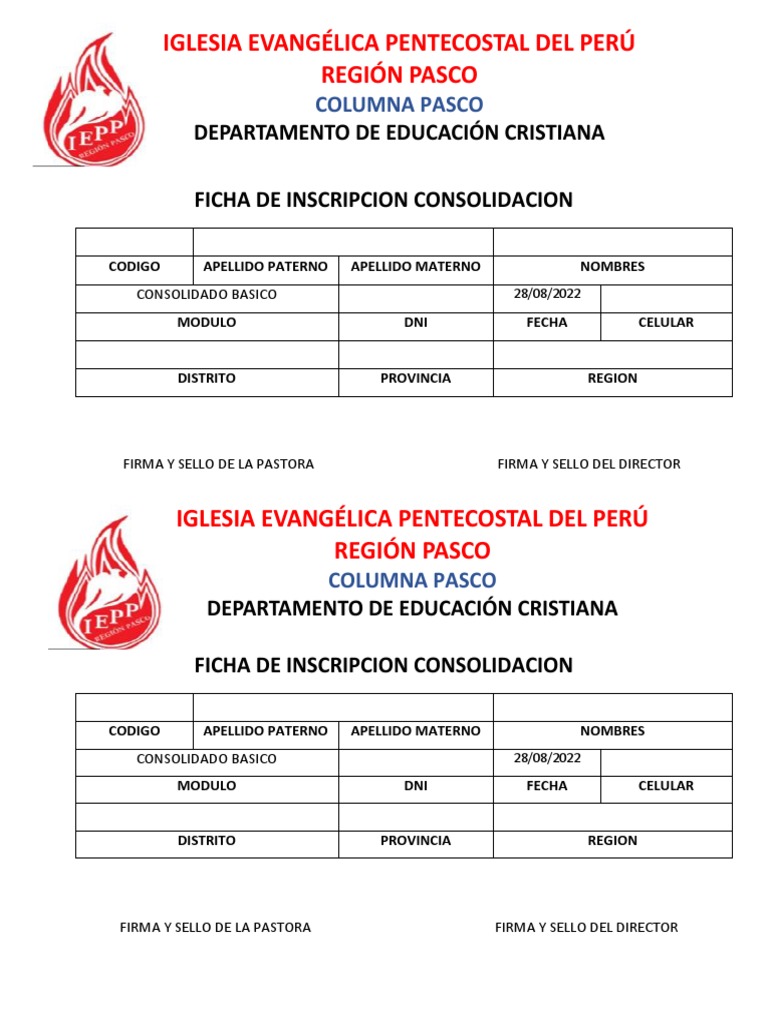Ficha de inscripción para el curso de consolidación básica de la Iglesia Evangélica Pentecostal ...