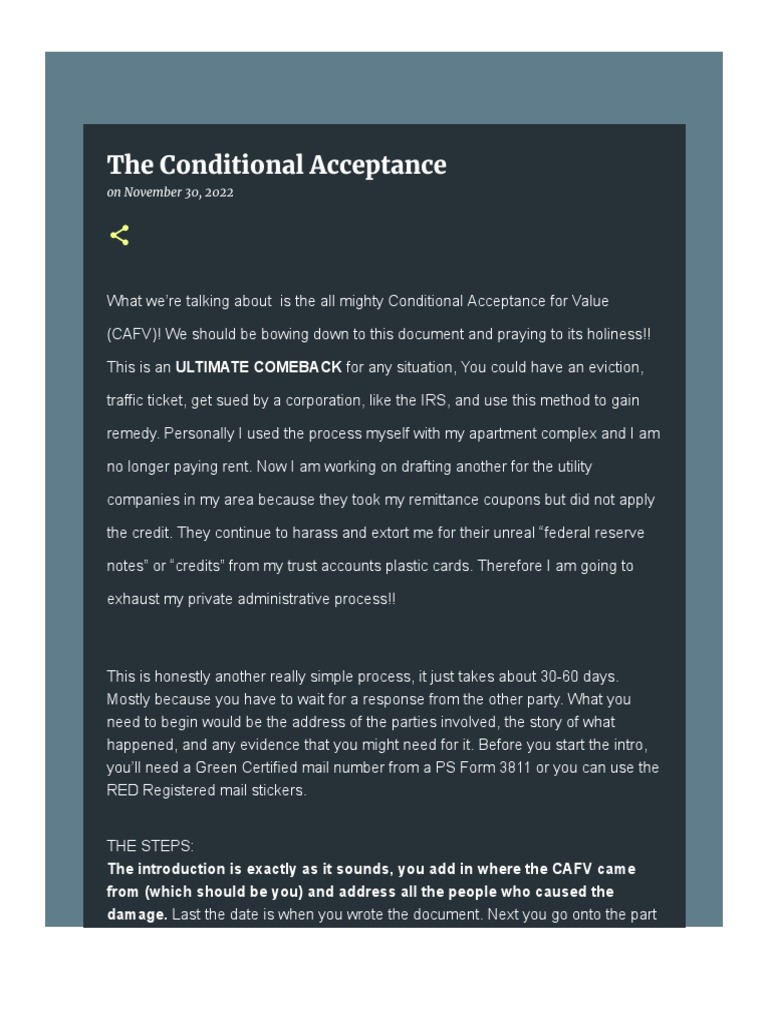 The Conditional Acceptance | PDF | Notary Public | Negotiable Instrument