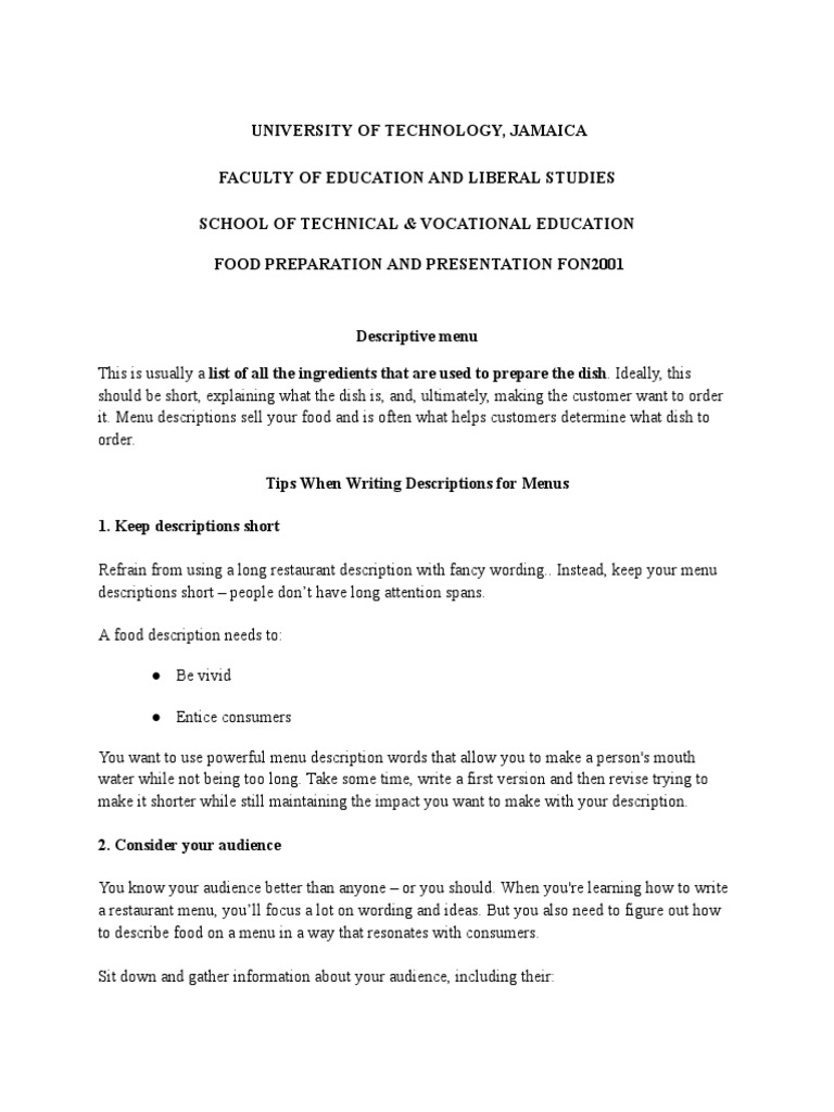 Descriptive Menu | PDF | Menu | Food And Drink