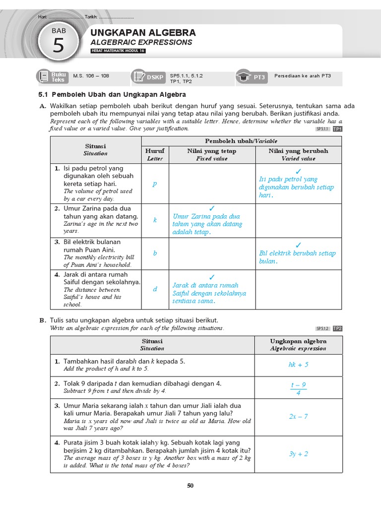 Tg1 (Praktis 5 - Ungkapan Algebra DLP) | PDF