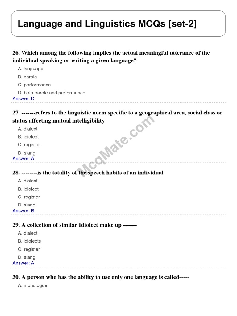 Language and Linguistics Solved MCQs (Set-2) | PDF | Linguistics ... Language and Linguistics Solved MCQs (Set-2) | PDF | Linguistics ...