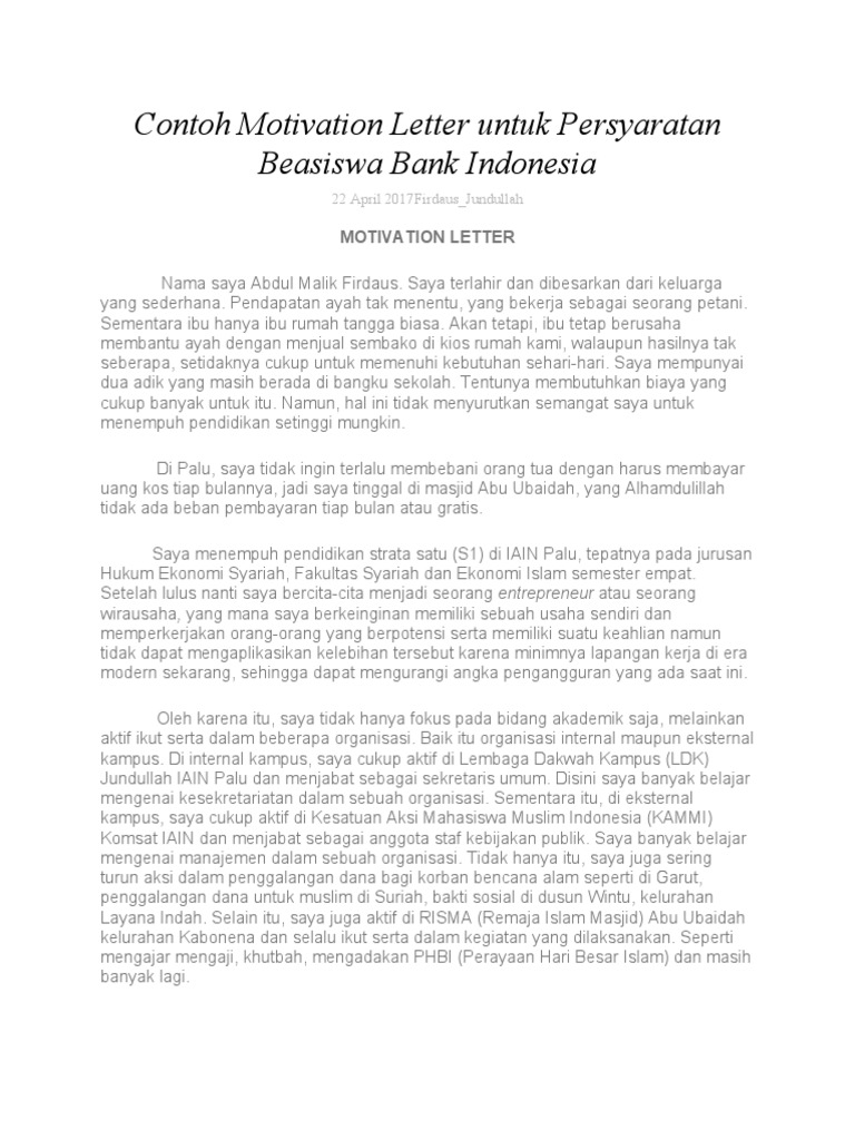 Contoh Motivation Letter Untuk Persyaratan Beasiswa Bank | PDF
