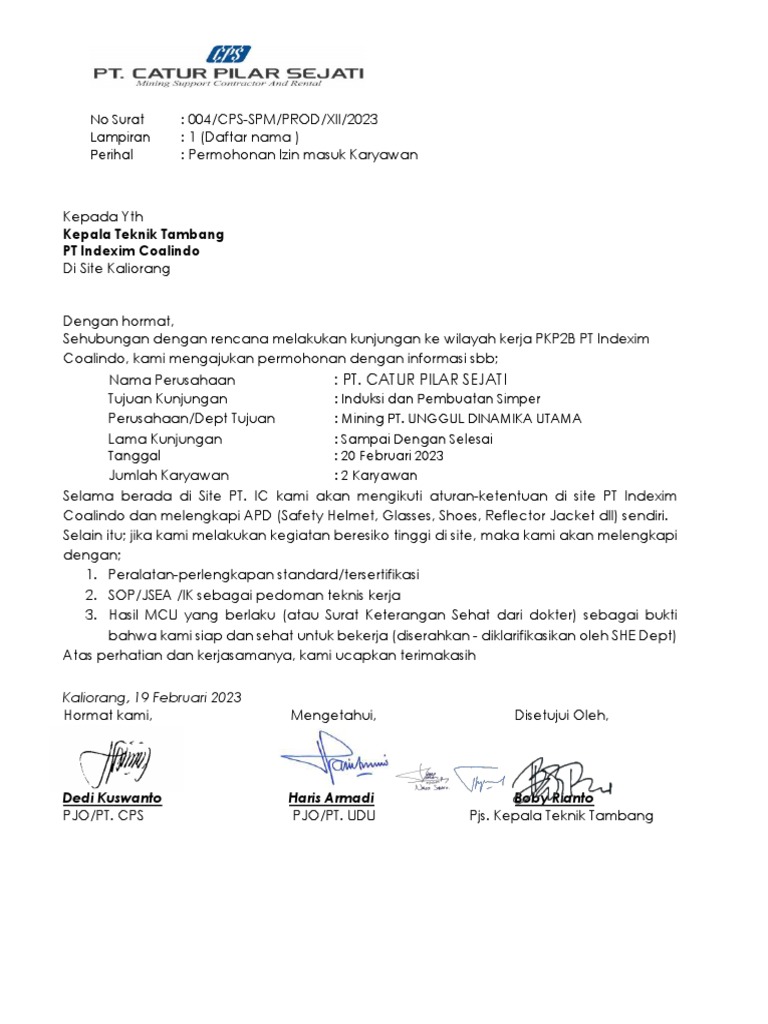 Surat Permohonan Izin Masuk PT. CPS - Under Unggul - Signed 12 | PDF