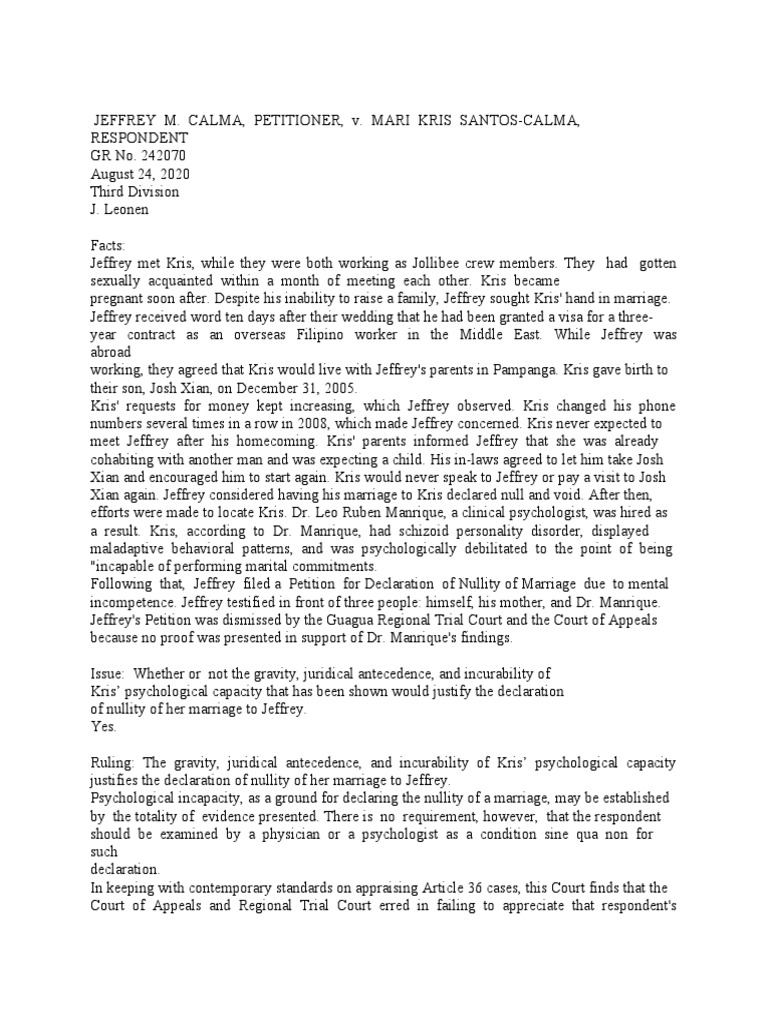 Case Digests Psychlogical Incapacity | PDF | Marriage | Annulment