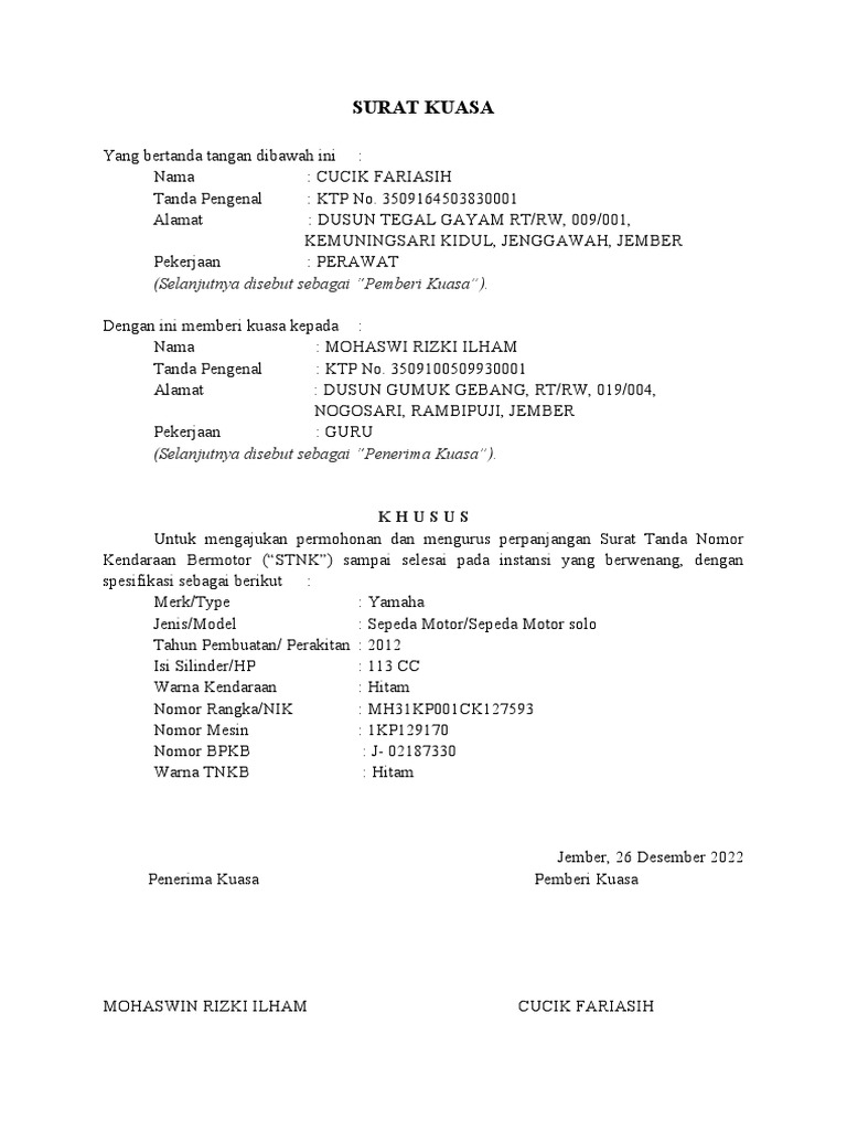 SURAT KUASA UNTUK PERPANJANGAN STNK SEPEDA MOTOR | PDF