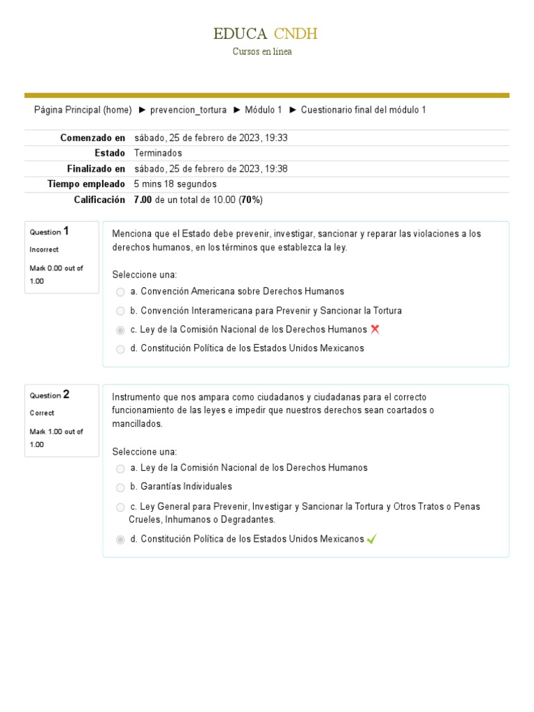 CNDH Educación cursos en línea módulo 1 cuestionario | PDF | Derecho Constitucional | Convenio ...