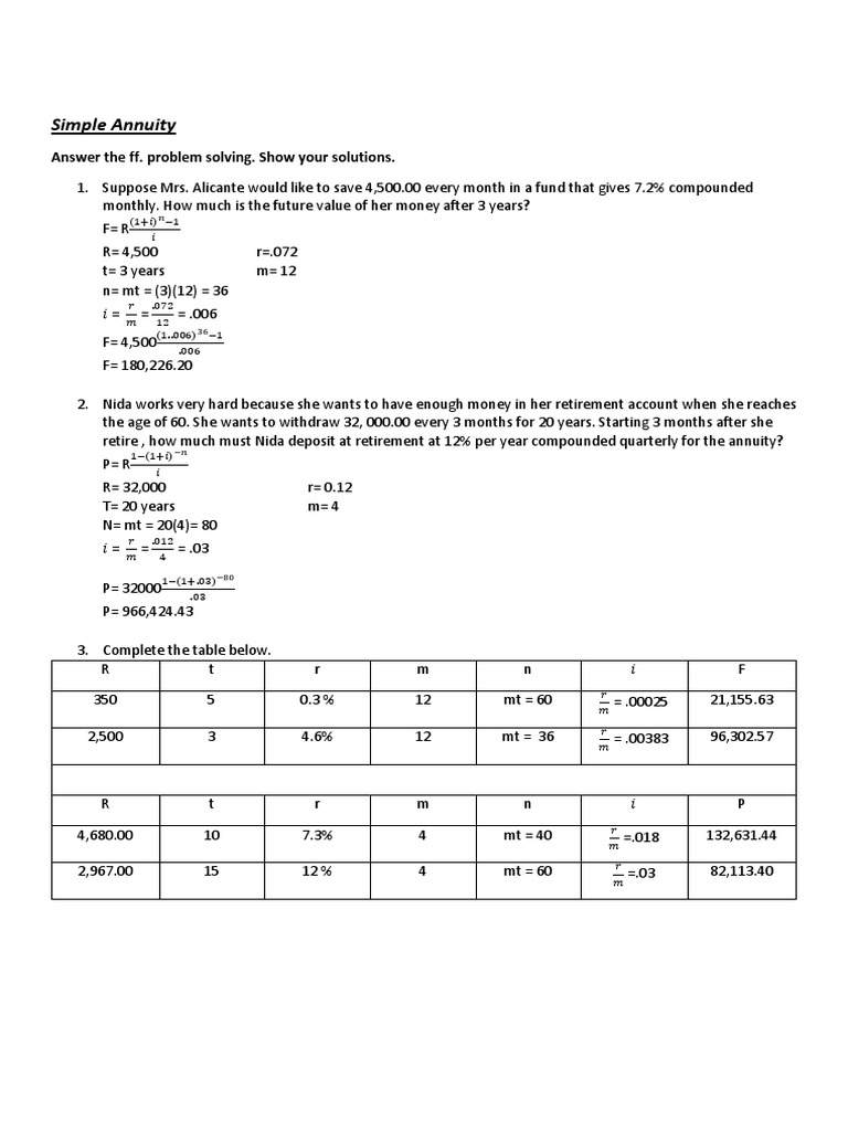 Simple Annuity Activity (Math of Investment) | PDF | Economies ...