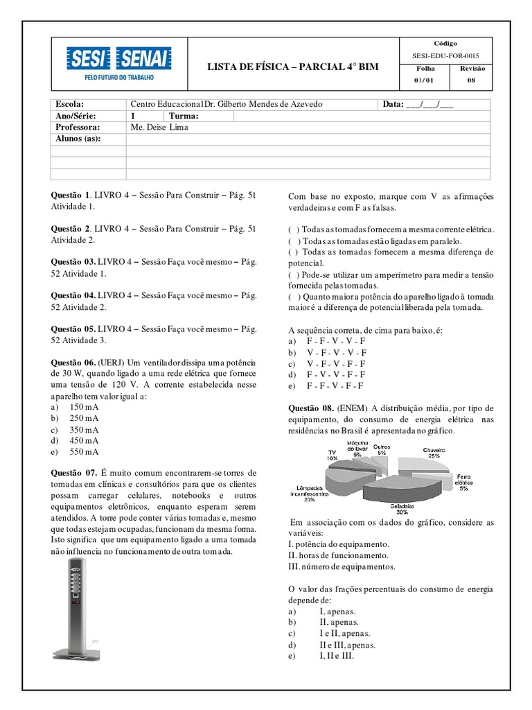 Lista de FÃ - Sica Parcial 4Â°Bimestre | PDF | Resistência elétrica e condutividade | Resistor