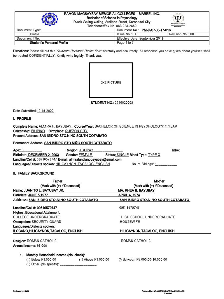 Students Profile Form | PDF | Tagalog Language | Behavioural Sciences