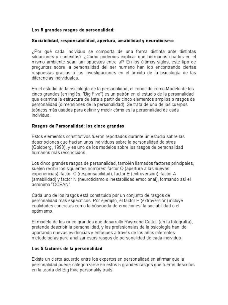 Los cinco grandes rasgos de personalidad | PDF | Sicología | Conceptos ...