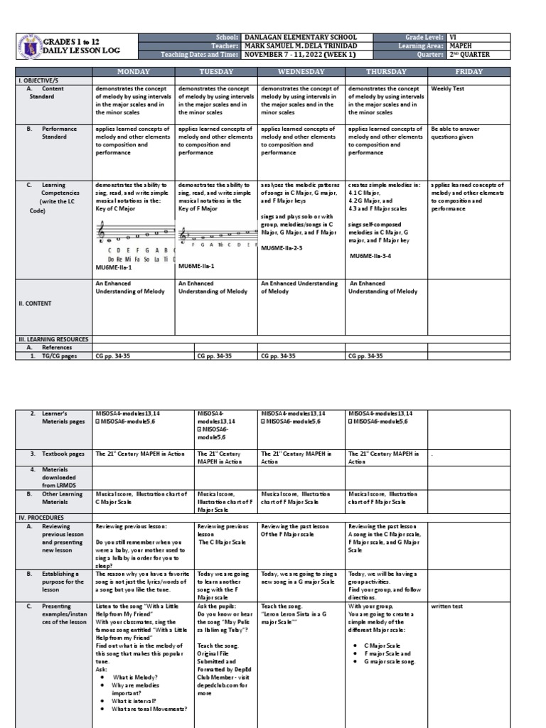 DLL - Mapeh 6 - Q2 - W1 | PDF | Scale (Music) | Interval (Music)