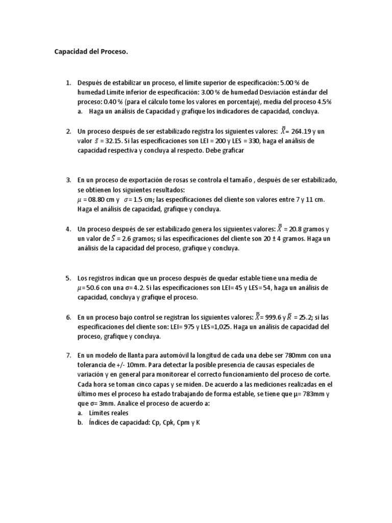 Capacidad Del Proceso EJERCICIOS 1 | PDF