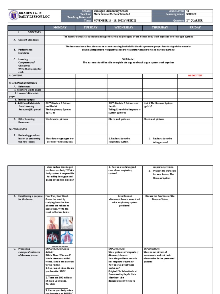 DLL - Science 6 - Q2 - W2 | PDF | Respiratory Tract | Lung