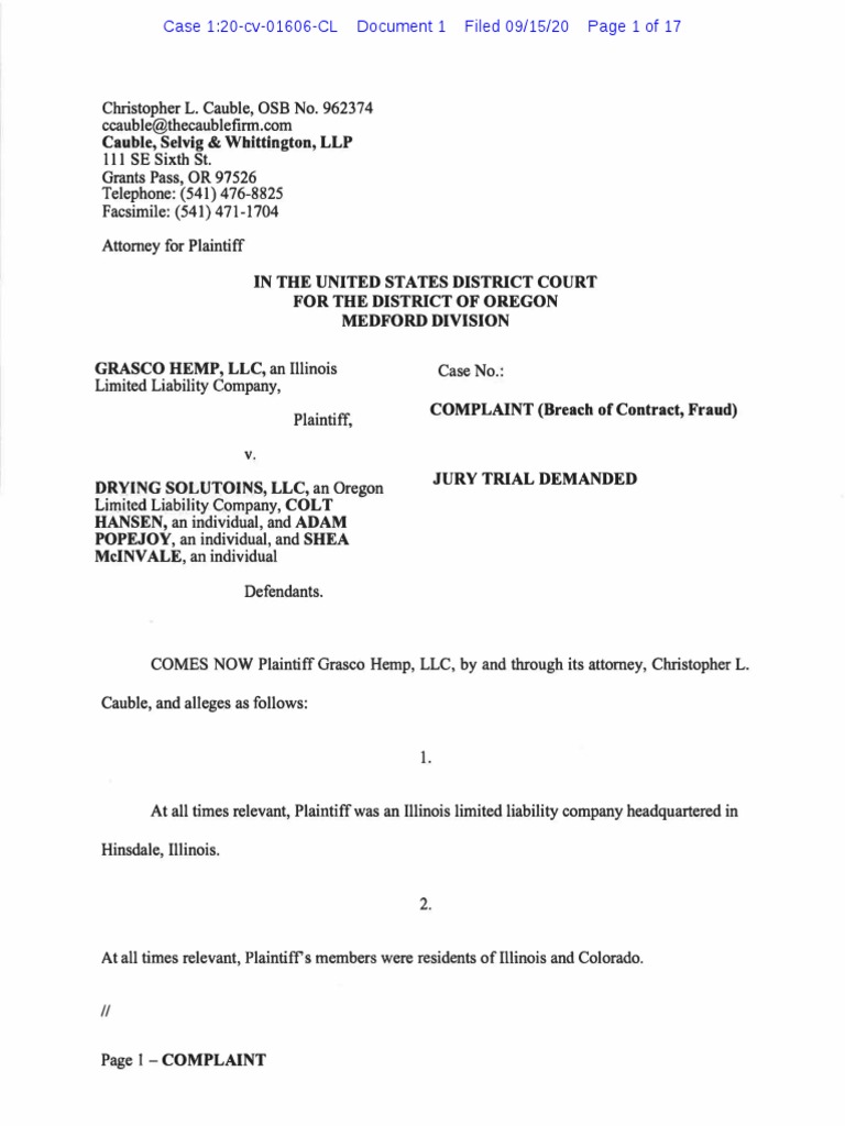 Grasco Hemp LLC vs. Drying Solutions LLC | PDF | Damages | Complaint