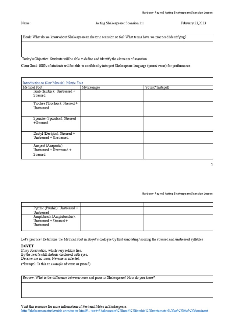 Acting Shakespeare Scansion Assignment Worksheet | PDF | Metre (Poetry) | Poetry