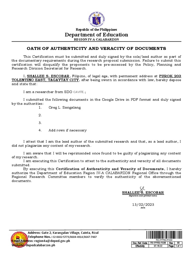 Oath of Authenticity and Veracity of Documents 2 | PDF