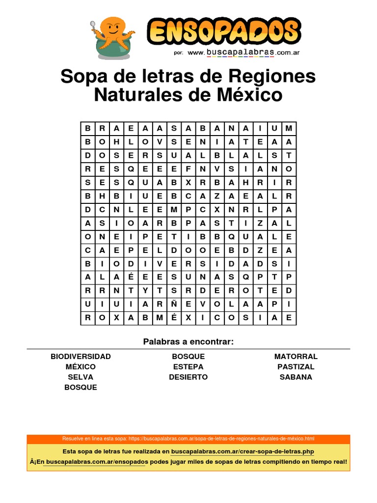 Sopa de Letras: Regiones Naturales de México | PDF | Estudios de ...