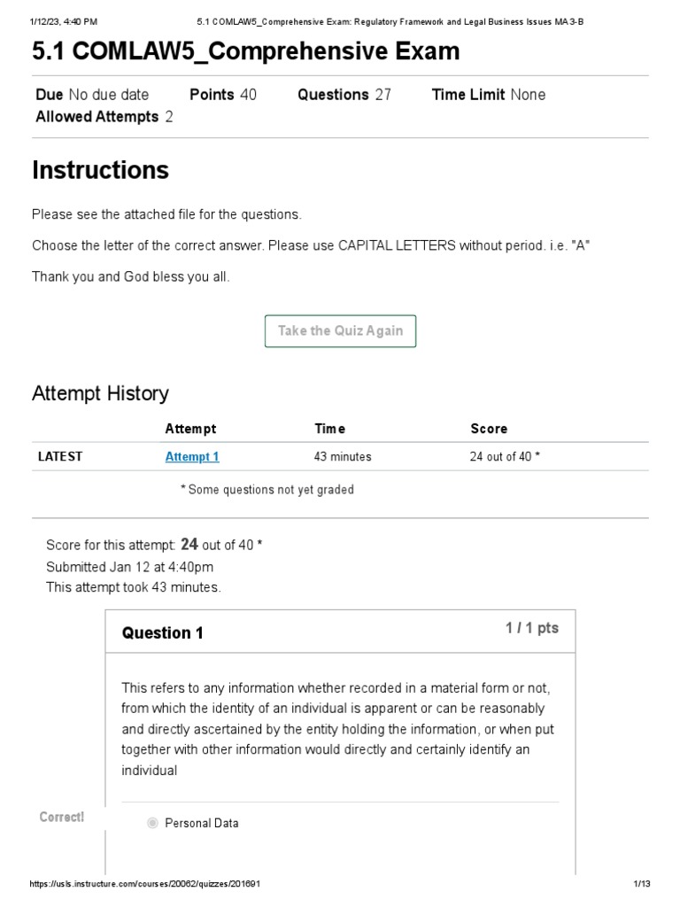 5.1 COMLAW5 - Comprehensive Exam - Regulatory Framework and Legal Business Issues MA 3-B | PDF ...