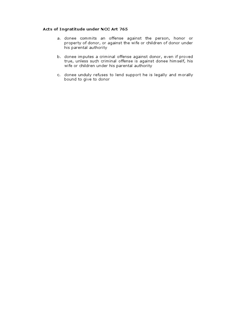 Acts of Ingratitude Under NCC Art 765 | PDF Acts of Ingratitude Under NCC Art 765 | PDF
