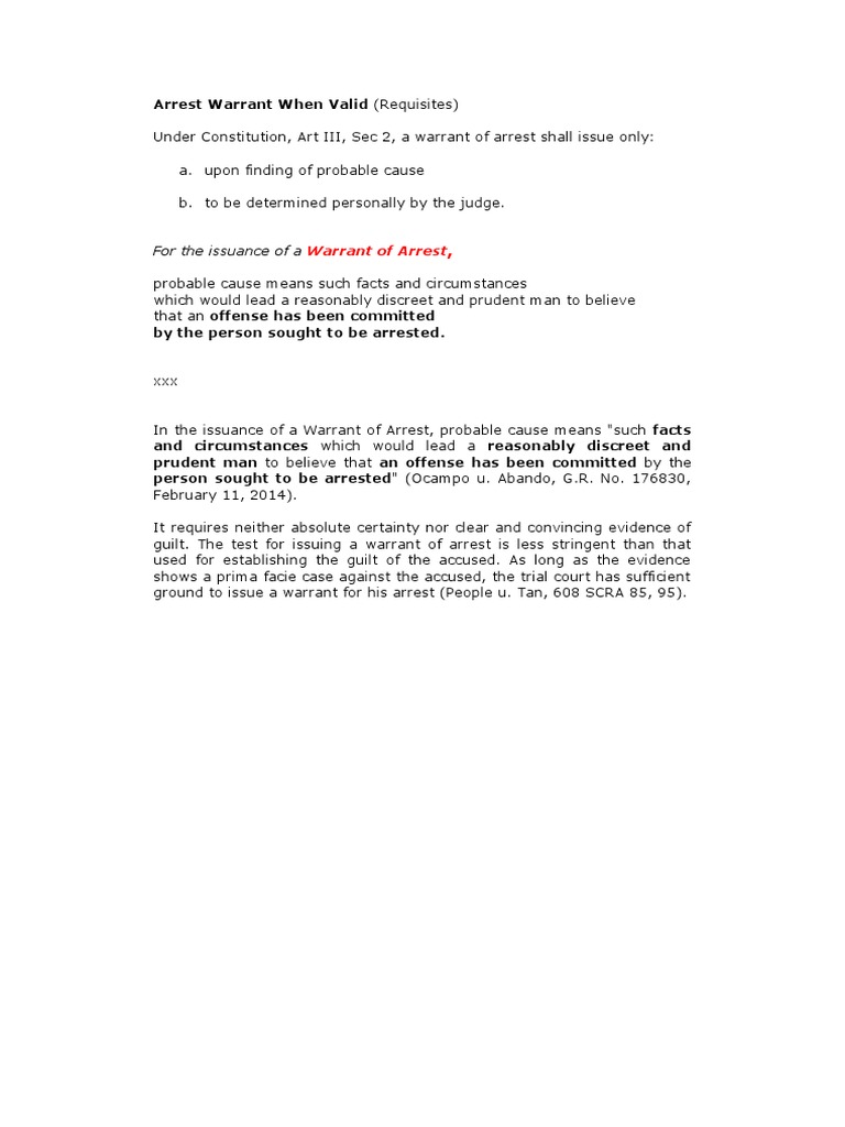 Arrest Warrant When Valid (Requisites) | PDF