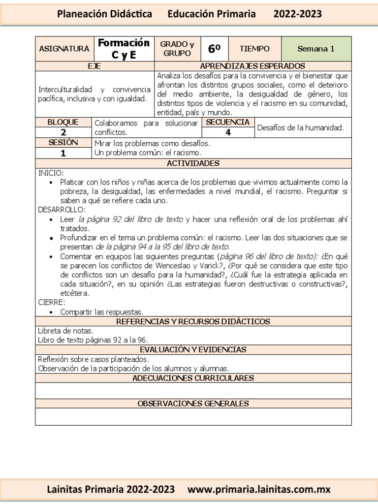 Marzo - 6to Grado Formación C y E (2022-2023) | PDF | Educación primaria | Evaluación