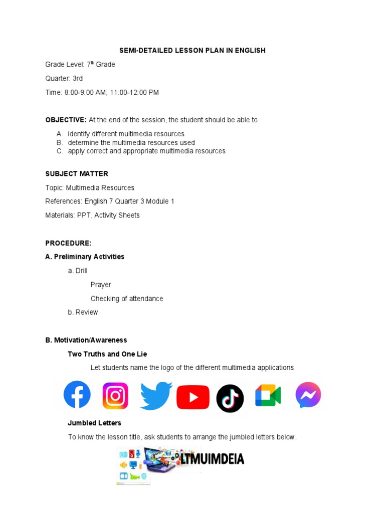 7th Grade Multimedia Resources Lesson Plan | PDF