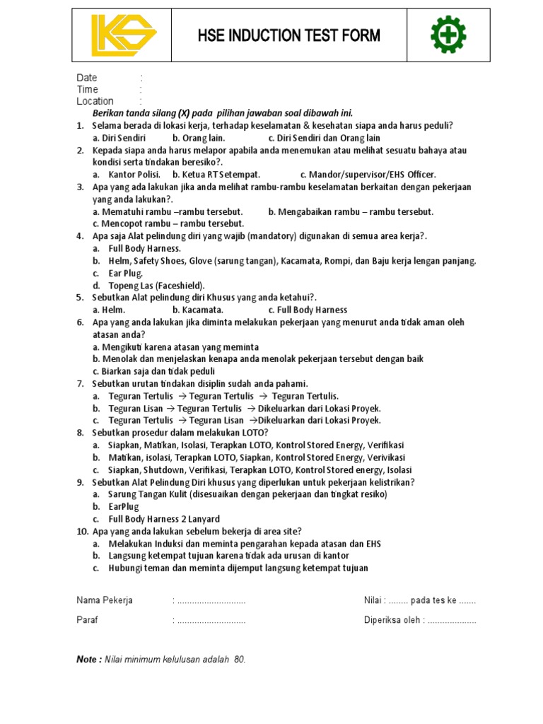 Formulir Tes Induksi HSE | PDF