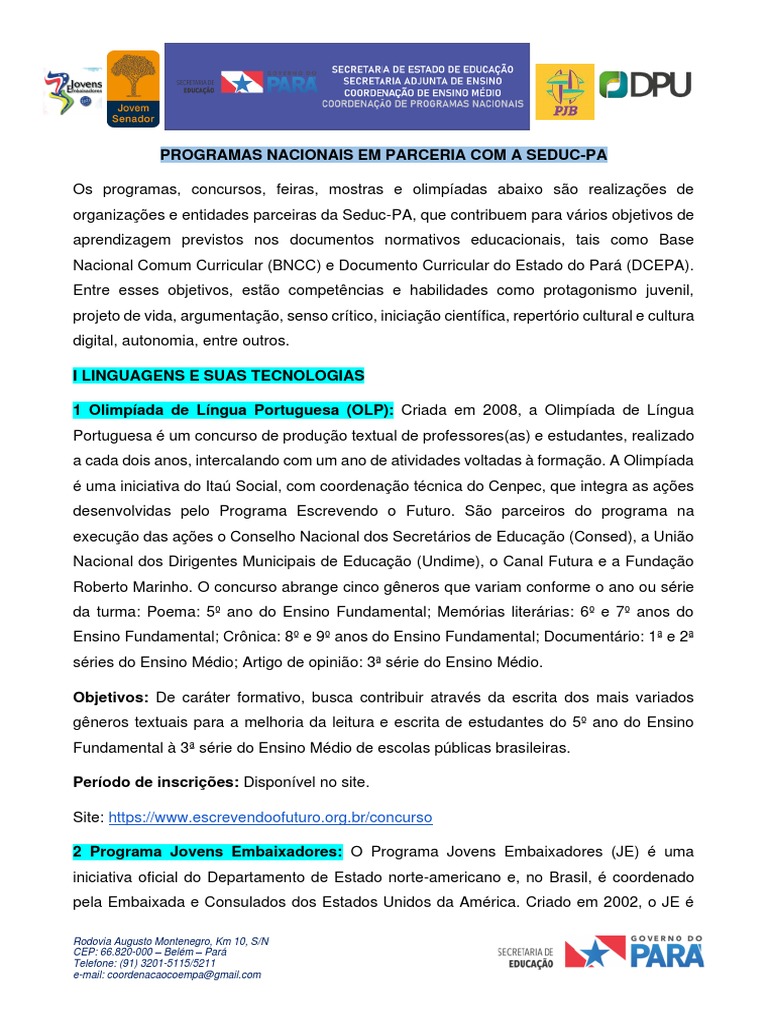Programas Nacionais - Release - 2023 | PDF | Science | Brasil