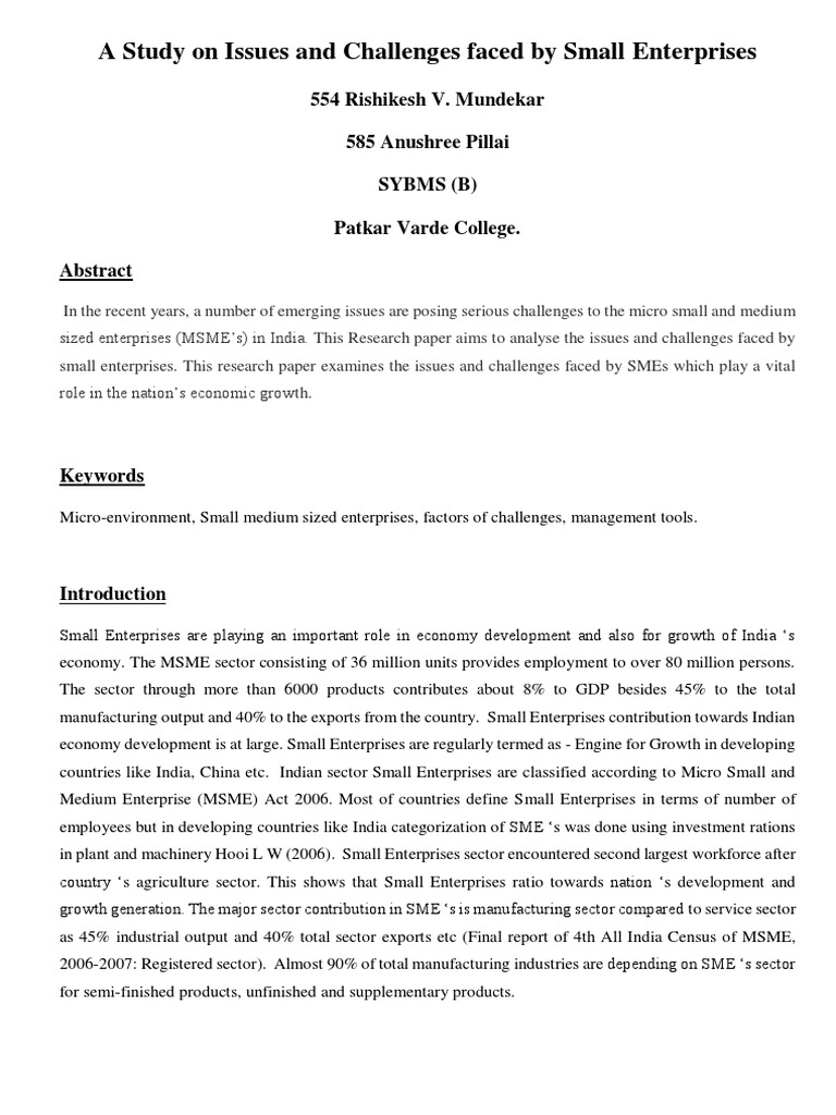 A Study On Issues and Challenges Faced by Small Enterprises (BRM Assignment) | Download Free PDF ...