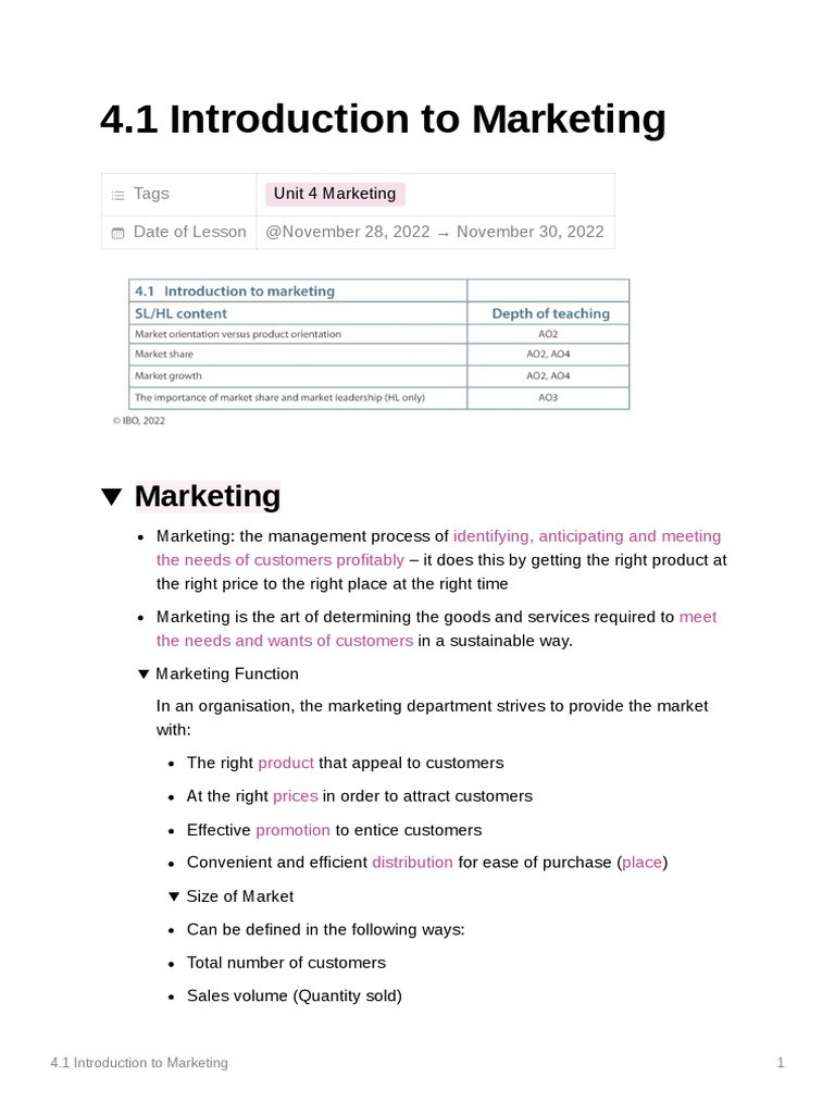 IB Business Management - Unit 4.1 Introduction To Marketing Notes | PDF ...