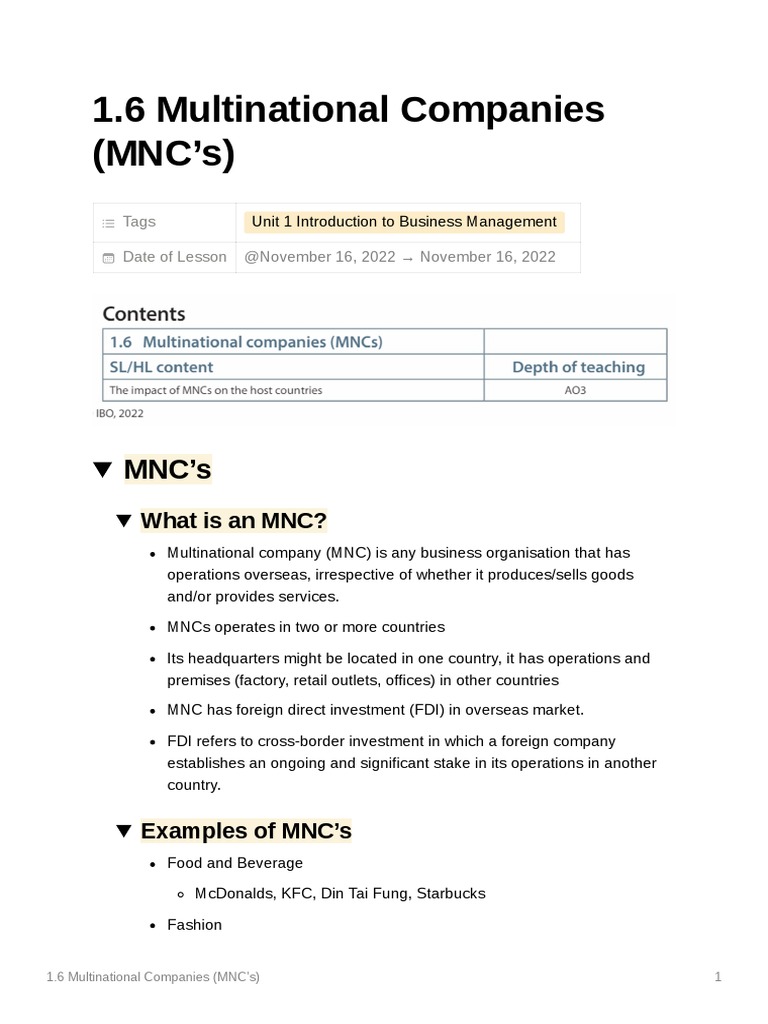 IB Business Management - Unit 1.6 Multinational Companies (MNC'S) Notes ...