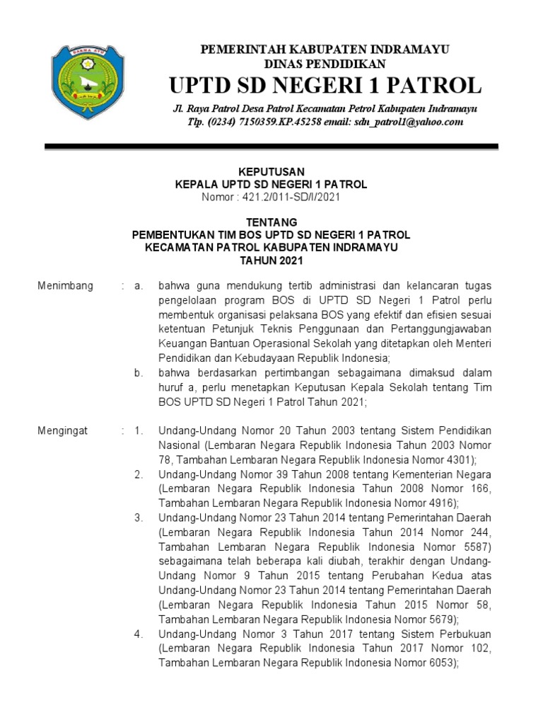 Contoh SK Manajemen Dana Bos 2021 | PDF